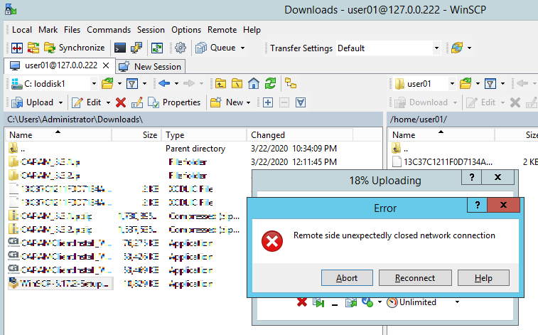 winscp session over pam terminated unexpectedly